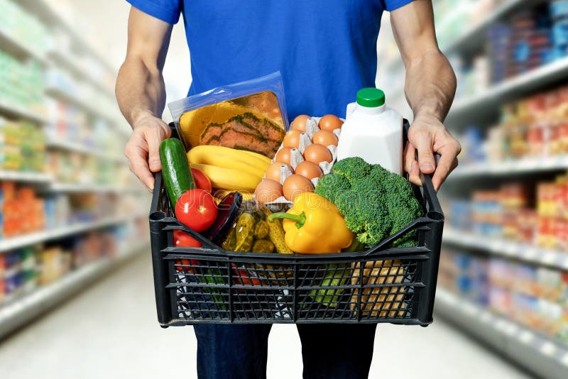 Man with Food Box in Hands at Grocery Store Stock Image - Image of ...
