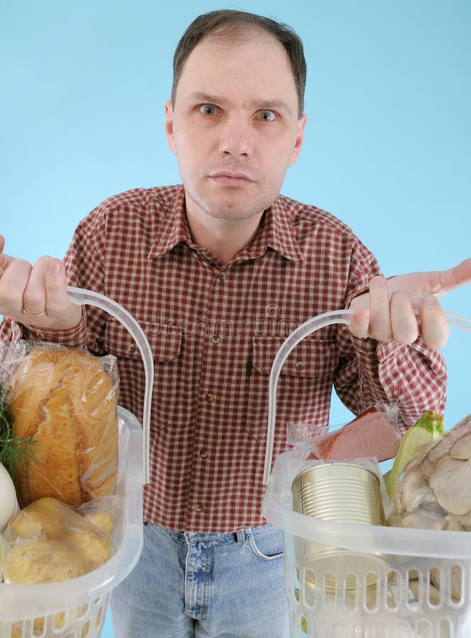 Man with Foods in Supermarket Baskets Stock Photo - Image of cooking ...