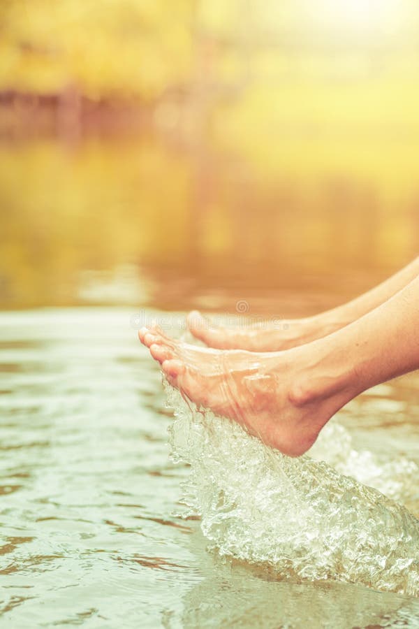 Man ` Foot with Water Splash in Relax at Pond Stock Image - Image of ...