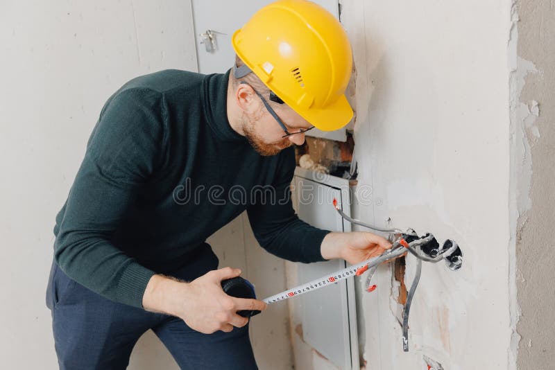 Man Foreman Builder Check Checking Electrical Panel and Work of ...