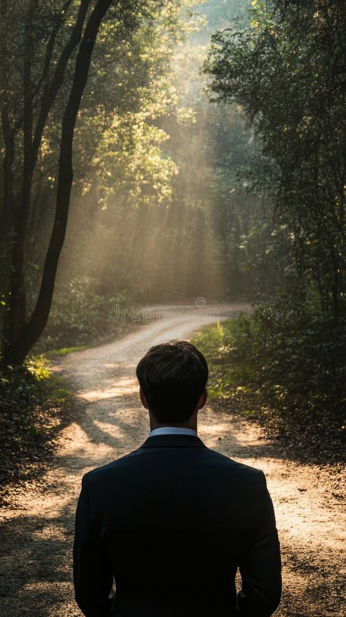 Man on a Forest Path with Sun Rays through Trees, Contemplative Journey ...