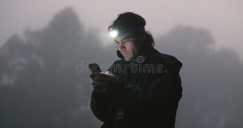 Man, Forest and Phone in Night, Texting and Torch on Head for Vision ...