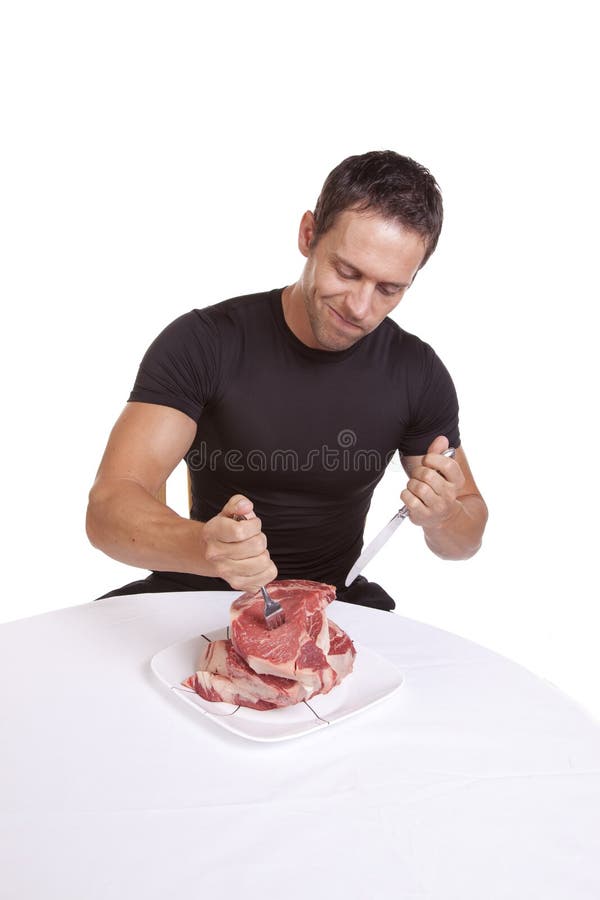 Man with fork in steak stock image. Image of partying - 16011823