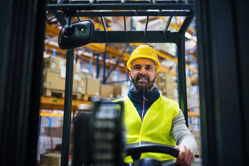 Warehouse Man Worker with Forklift. Stock Photo - Image of inside, fork ...