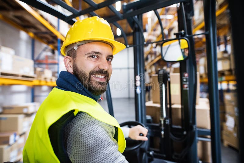 Warehouse Man Worker with Forklift. Stock Image - Image of pallet ...