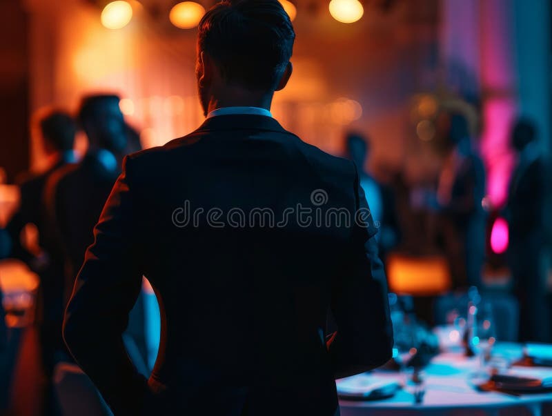 Man in Formal Attire Observes Bustling Party Atmosphere with Interest ...