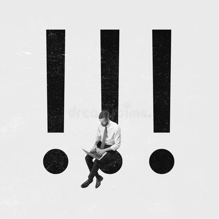 Man in Formal Attire Sitting on Punctuation Marks while Working on ...