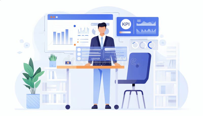 Business Analyst at Desk Monitoring Performance Data and Growth Charts Generated with AI Stock ...