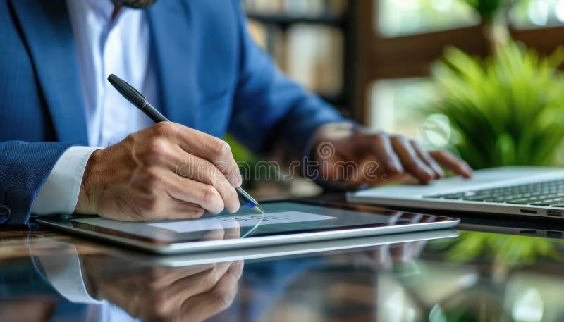 A Man in Formal Attire is Typing on a Tablet Computer and ...