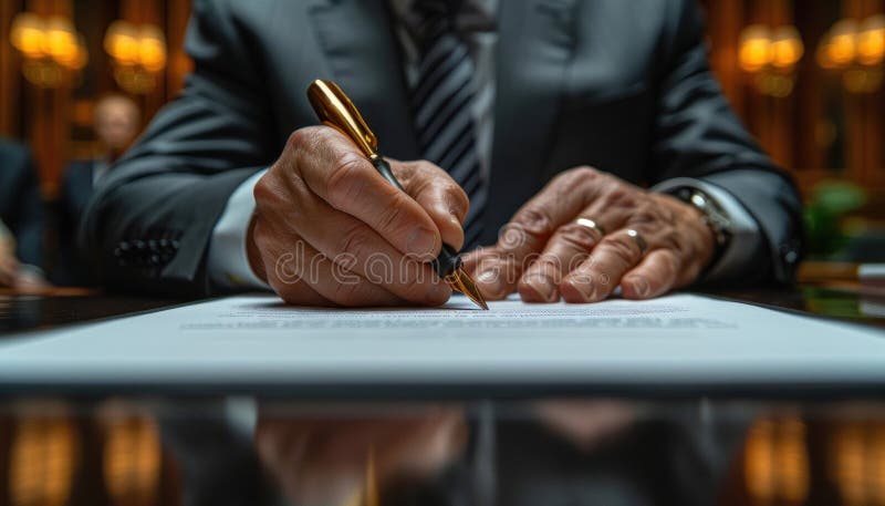 A Man in Formal Attire is Using a Pen To Sign a Document Stock Image ...