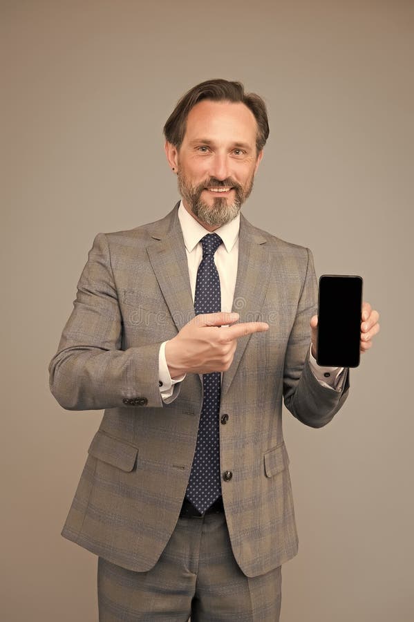 Man Formal Clothes Manager Showing Mobile Screen, App Trial Concept ...