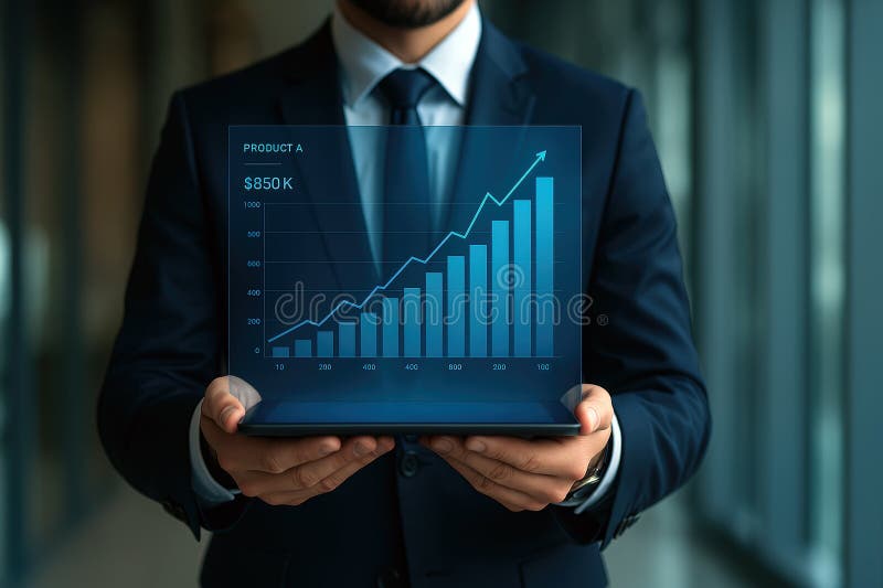 Man in Formal Suit Holds Digital Tablet with Glowing Chart ...