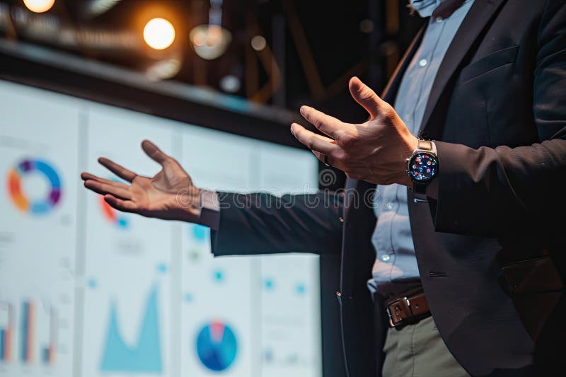 A Man in a Suit Presents in Front of a Large Screen Stock Photo - Image ...