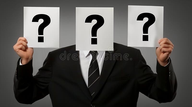 Man in Formal Wear Standing with Three Question Marks Signs Covering ...