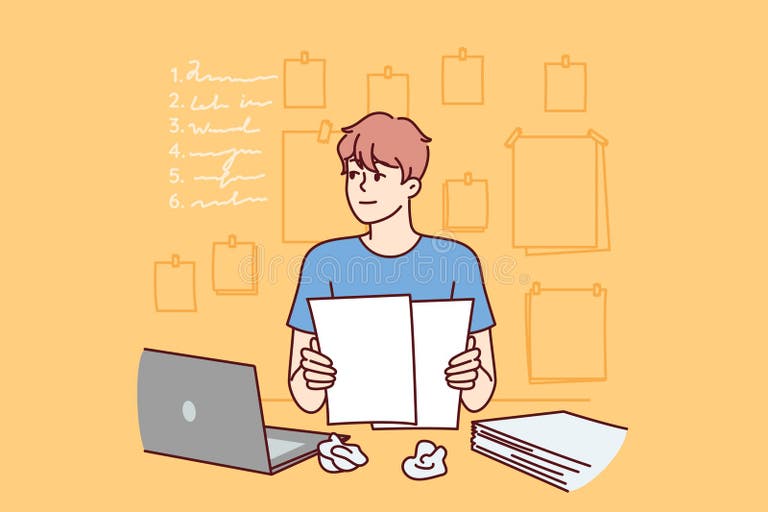 Man Freelancer is Doing Paperwork, Sitting at Office Table with Laptop ...