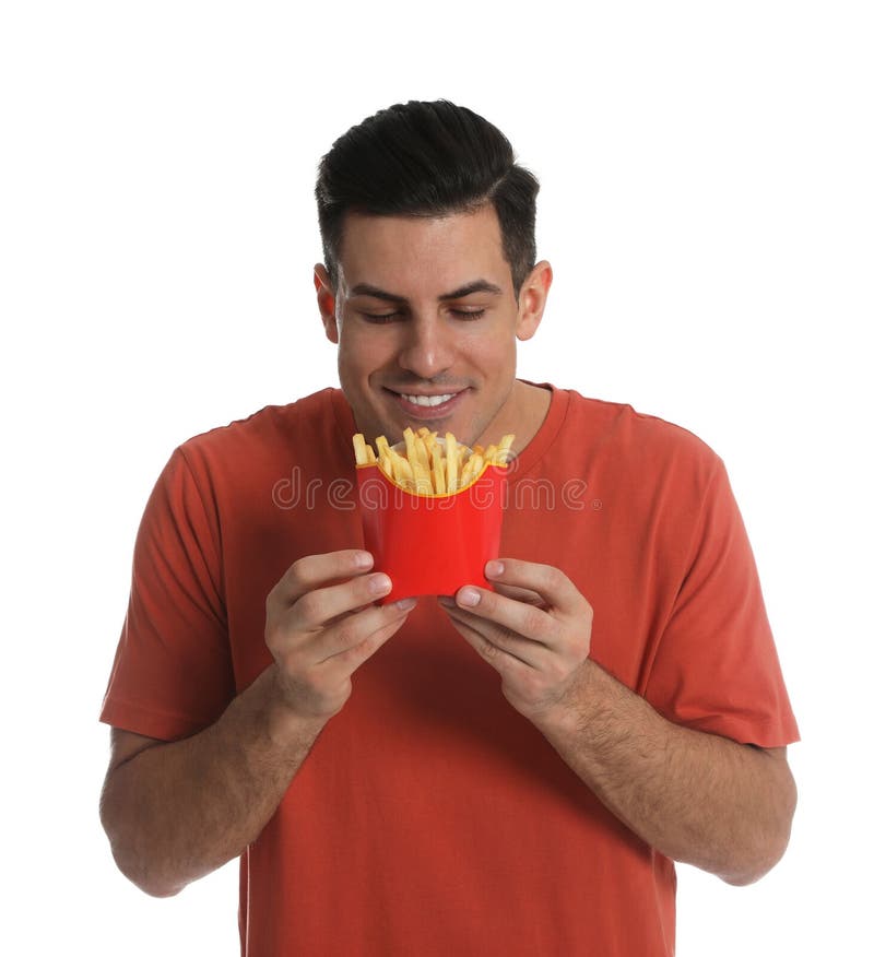 Man with French Fries on White Background Stock Photo - Image of ...