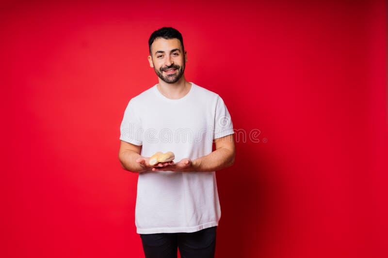 Man Freshly Baked Bread Hands Isolated Red Background Studio Stock ...