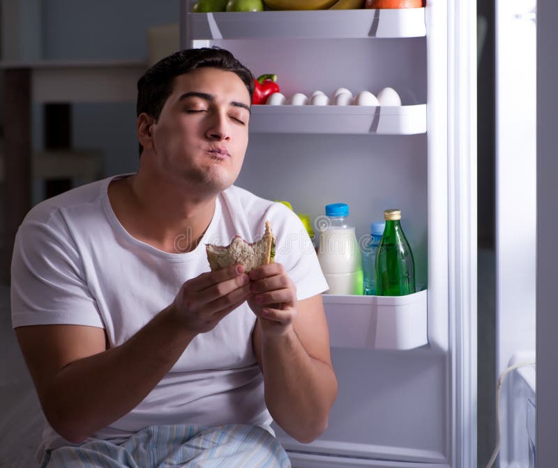 Man at the Fridge Eating at Night Stock Image - Image of chewing ...