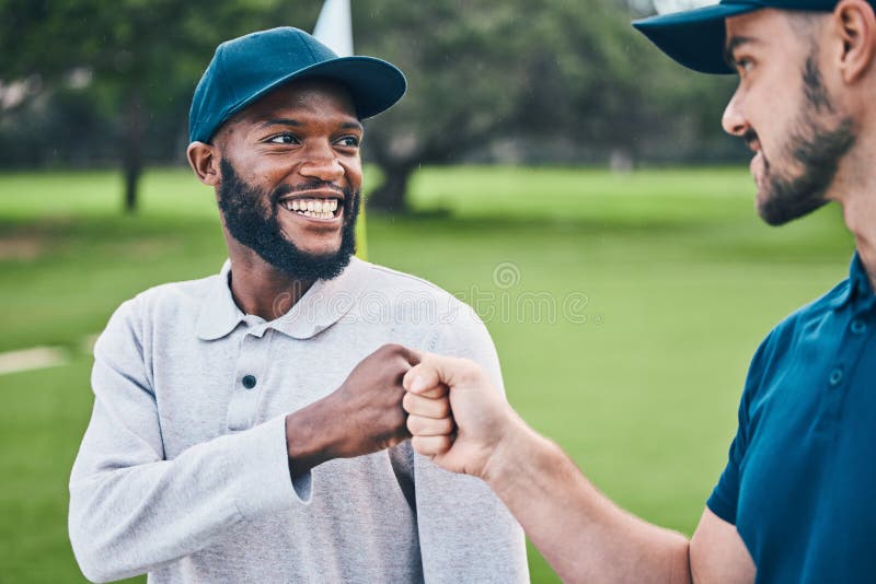 Man Friends And Fist Bump On Golf Course For Sports Partnership Or