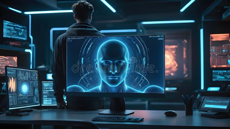 Man in Front of a Computer. 3D Generation Stock Illustration ...