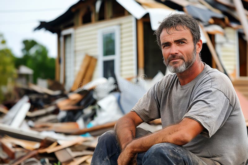 Man in Front of a Destroyed House Stock Photo - Image of damage ...