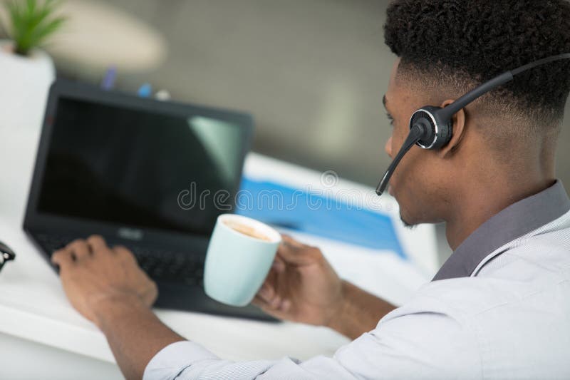 Man in Front Laptop Computer with Headset Stock Photo - Image of adult ...