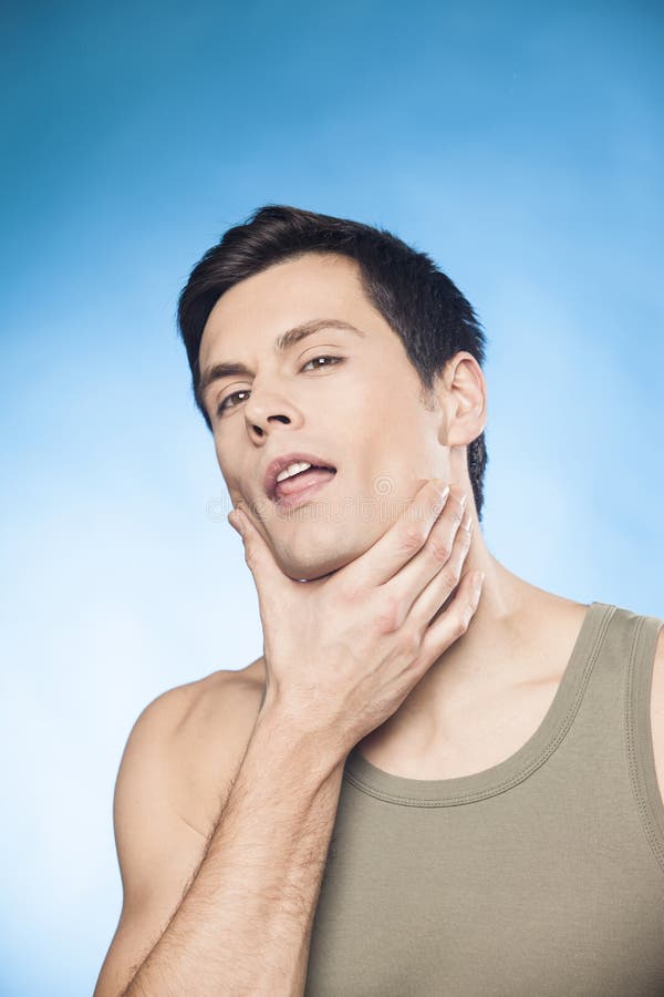 Man Front Mirror Looking His Chin Checking Shewed Stock Photos - Free ...