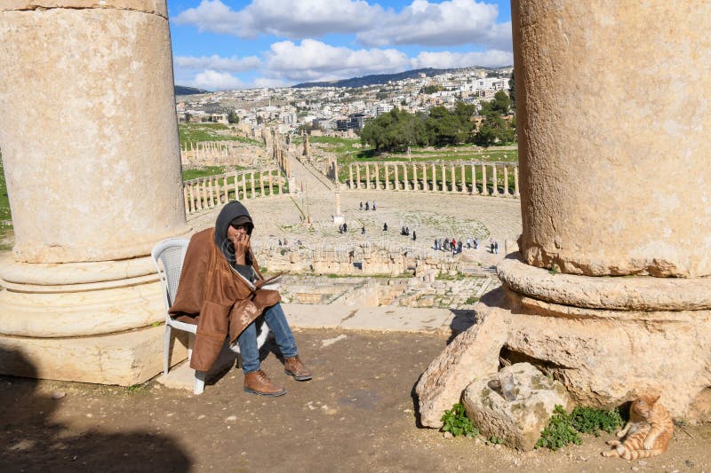 Man in Front of the Roman Ruins of Jerash on Jordan Editorial Stock ...