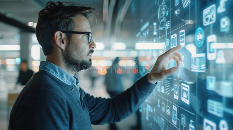 A Man in Front of a Transparent Touch Screen with Icons Presses Buttons ...
