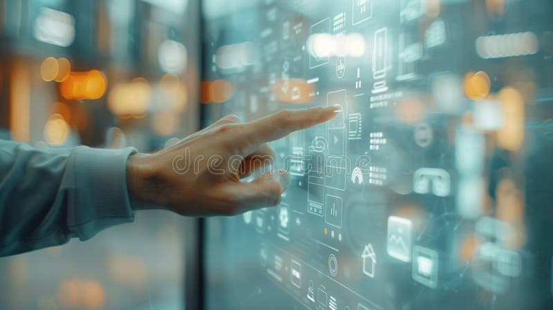 A Man in Front of a Transparent Touch Screen with Icons Presses Buttons ...