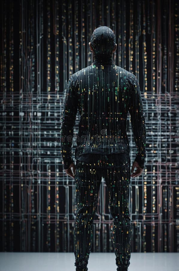 A Man in a Digital Code Shape Stands in Front of a Futuristic Backdrop ...