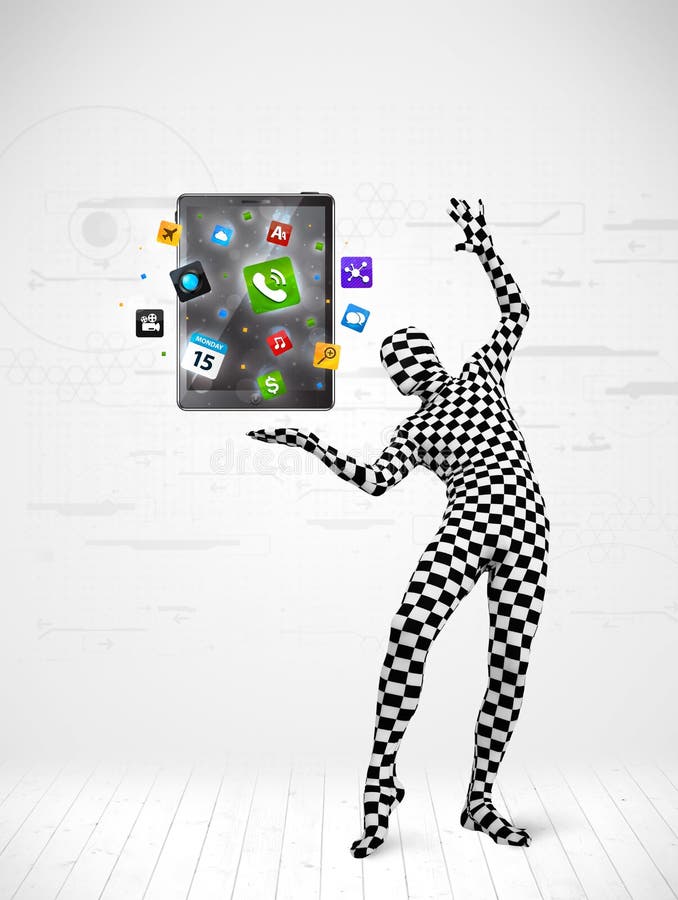 Man in Full Body Suit Holdig Tablet Pc Stock Image - Image of offer ...
