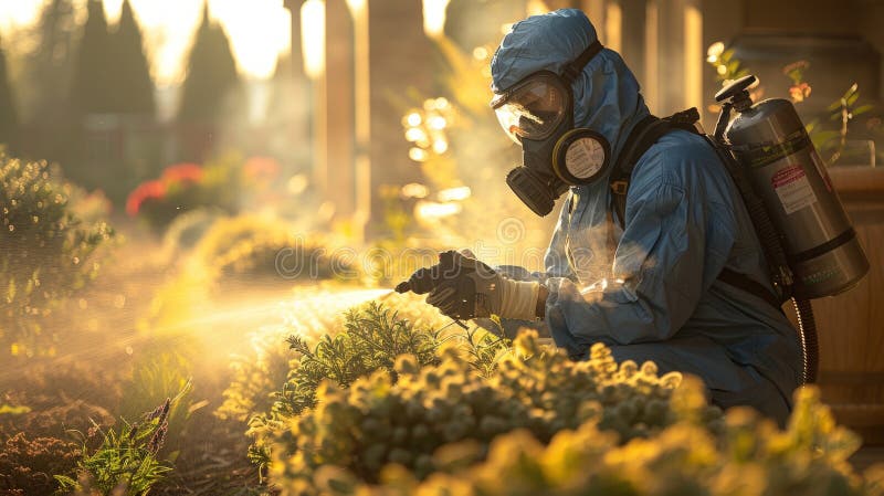 Pest Control Worker Spraying Plants in Protective Gear Stock ...
