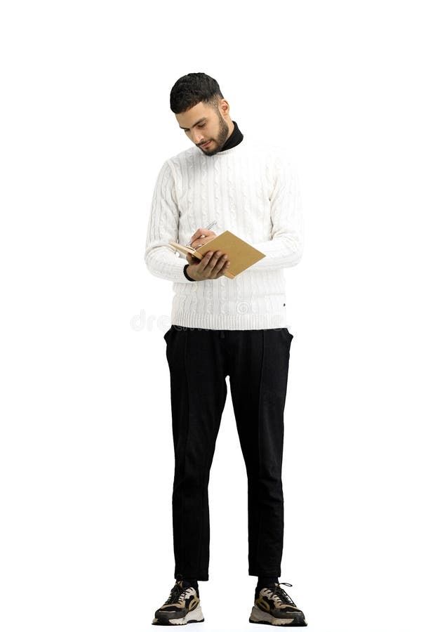 A Man, Full-length, on a White Background, Writes Stock Image - Image ...