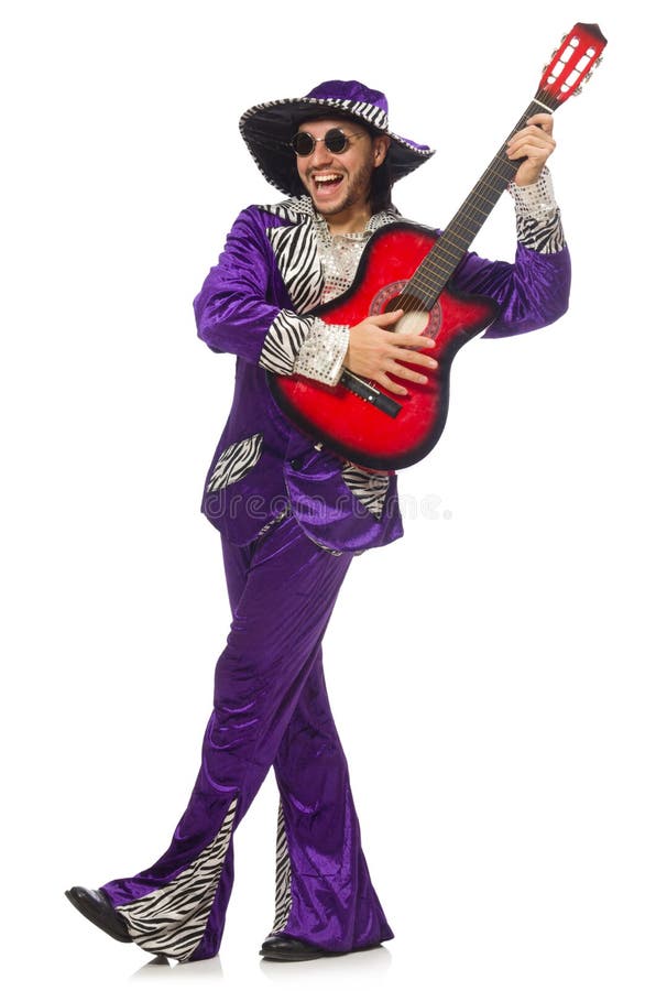 Man in Funny Clothing Holding Guitar Isolated on Stock Image - Image of ...