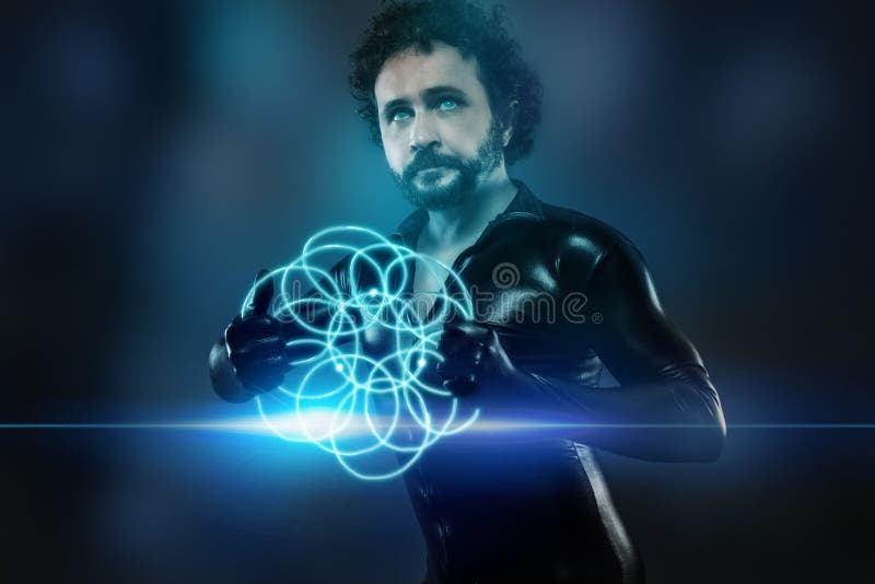 Man of the Future with Black Latex Suit and Blue Neon Lights Stock ...