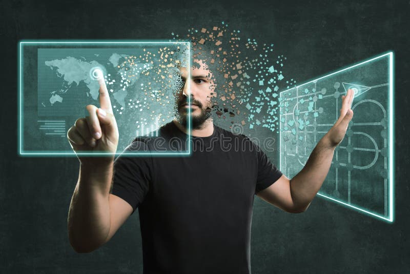 Man from the Future Operating with Floating Monitors. Concept for ...