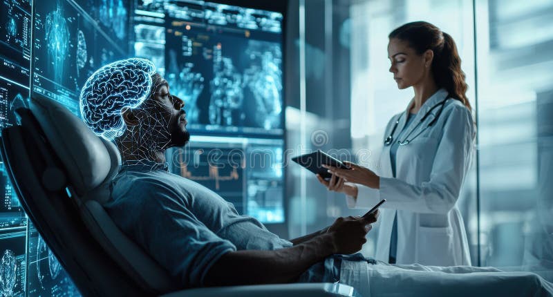 Man in Futuristic Brain Scan Session with a Doctor Taking Notes on a ...