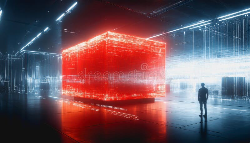 Man in Futuristic City with Glowing Red Cube, Digital Lights, High-tech, Sci-fi Atmosphere Stock ...