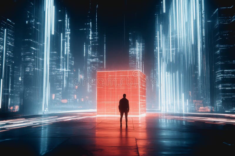 Man in Futuristic City with Glowing Red Cube, Digital Lights, High-tech ...