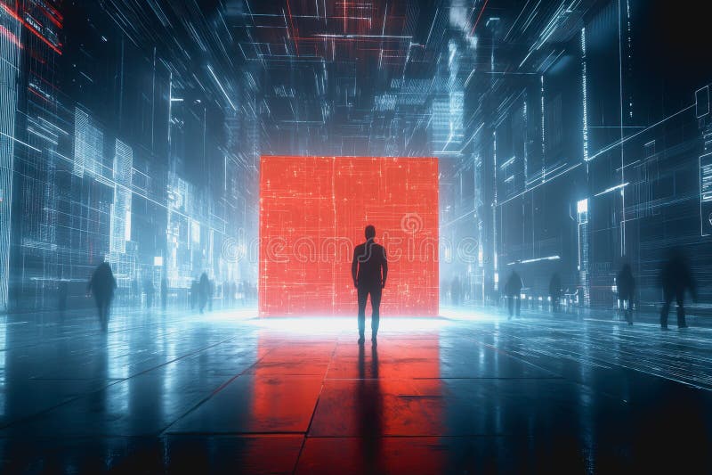 Man in Futuristic City with Glowing Red Cube, Digital Lights, High-tech ...