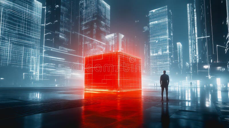 Man in Futuristic City with Glowing Red Cube, Digital Lights, High-tech ...