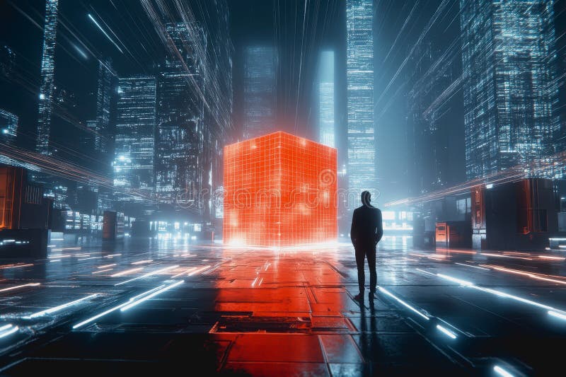 Man in Futuristic City with Glowing Red Cube, Digital Lights, High-tech ...