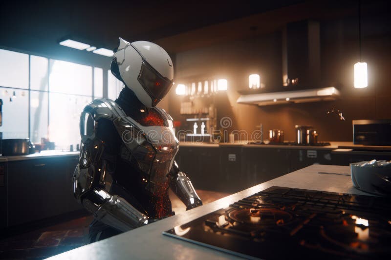 Man in Futuristic Suit is Cooking in Kitchen with Lot of Food on the ...