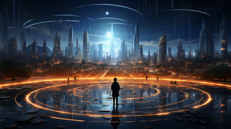 Man and Futuristic Technological Progress City. Future Technologies ...