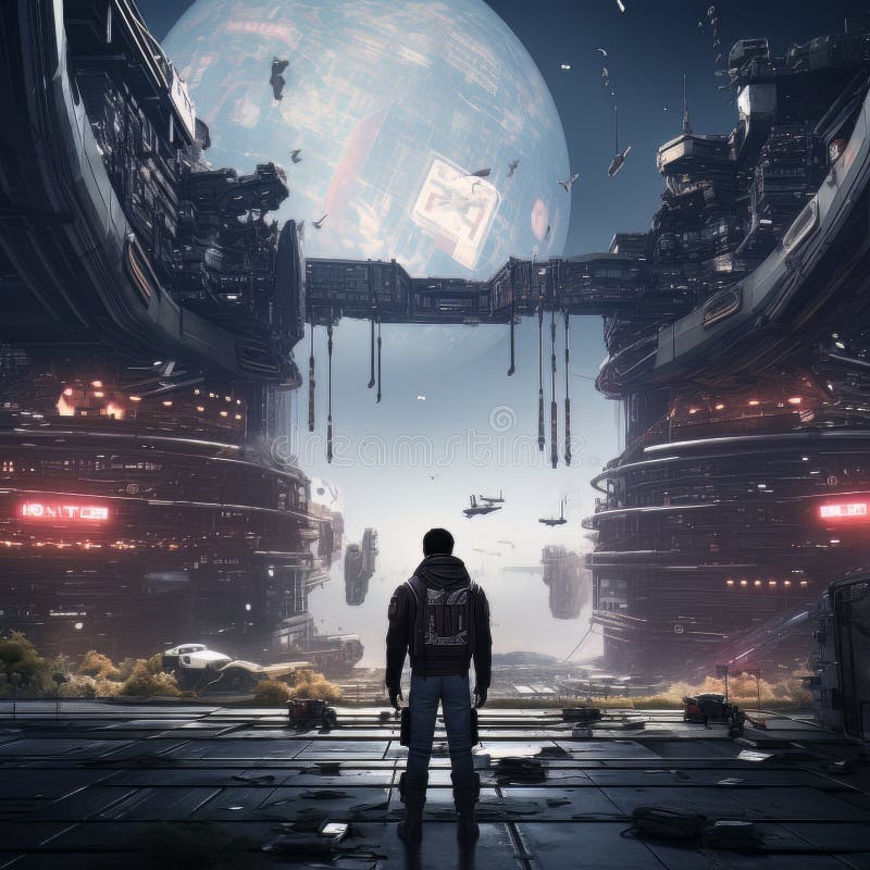 Man and Futuristic Technological Progress Planet. Future Technologies ...