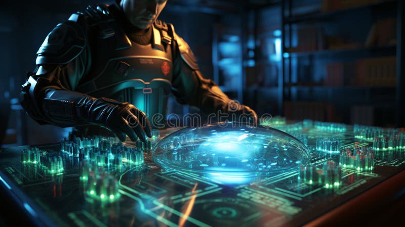 A Man in a Futuristic Uniform Stands in Front of a Glowing Panel and ...