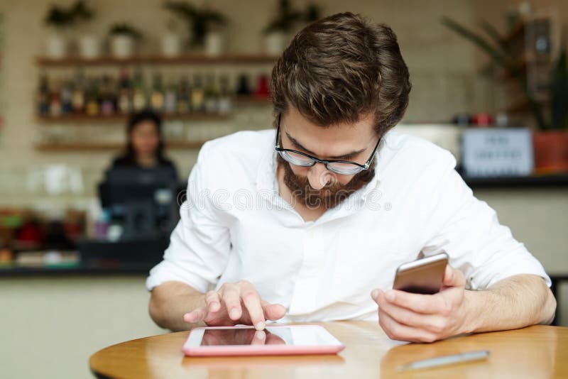 Man with gadgets stock photo. Image of wifi, recruitment - 100952166