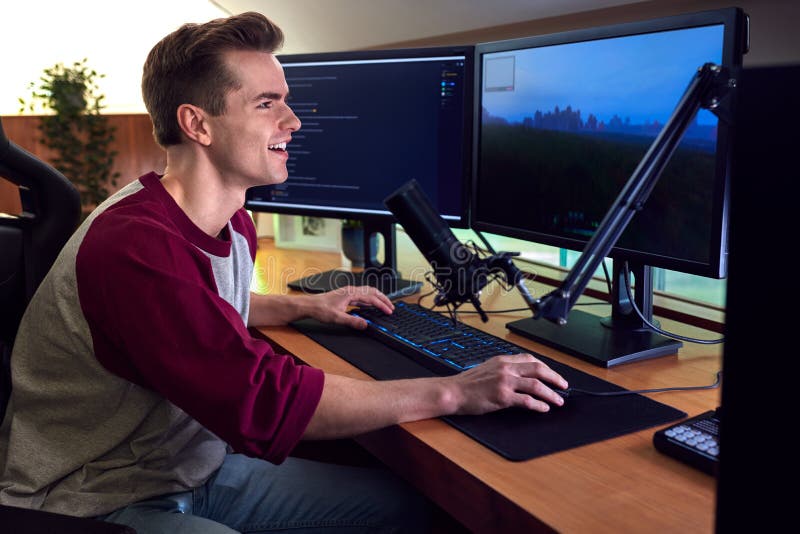 Man Gaming at Home Sitting at Desk with Multiple Monitors Stock Image ... Man Gaming at Home Sitting at Desk with Multiple Monitors Stock Image ...