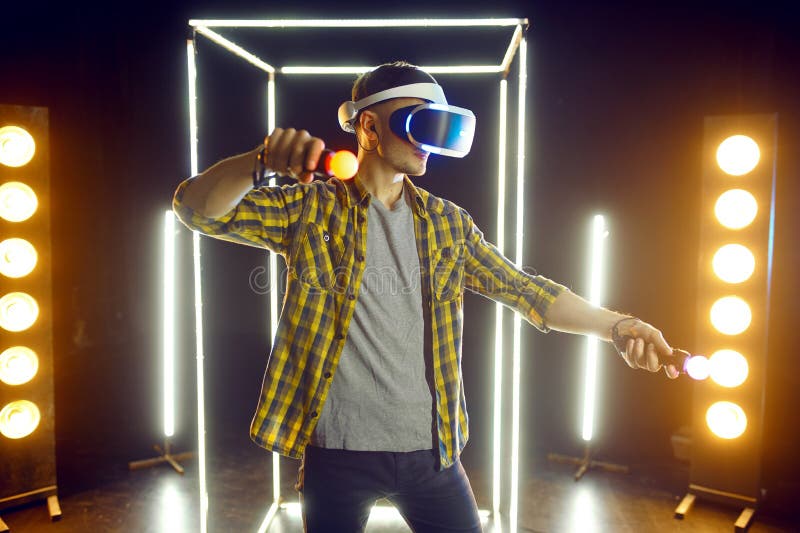 Man Gaming in Virtual Reality Headset and Gamepad Stock Image - Image ...